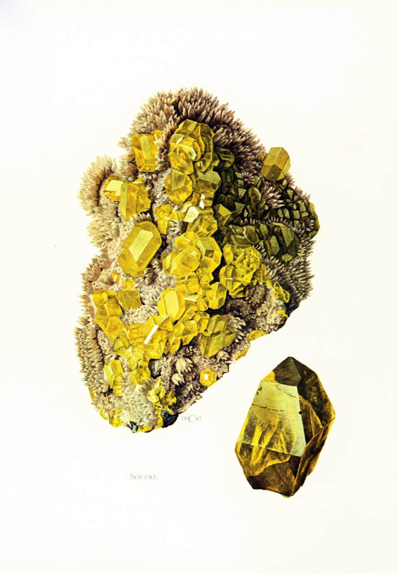 1970 Vintage Sulfur Illustration. Antique Yellow Chrystal | Etsy