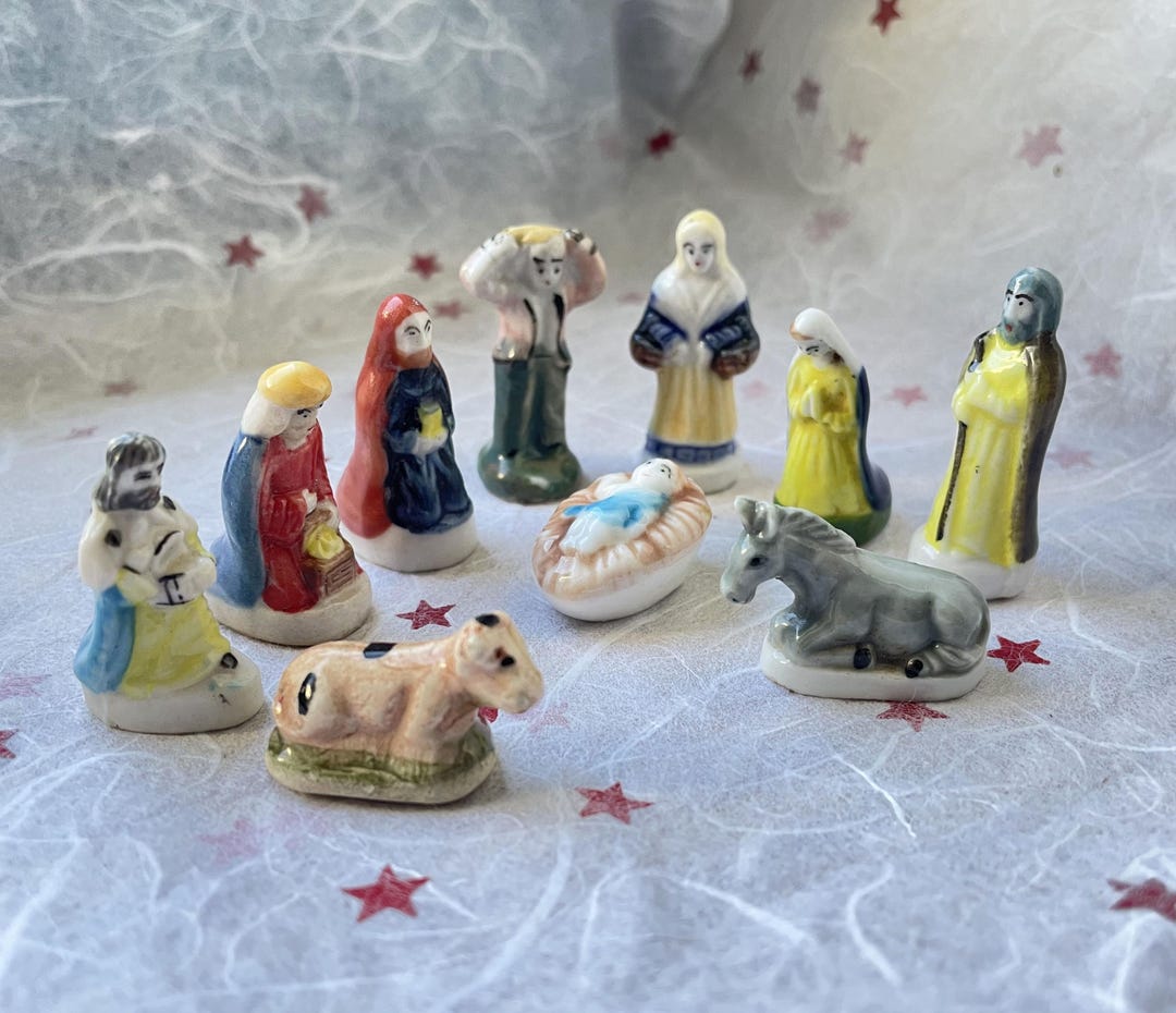 French Feves Vintage Miniatures Nativity Crib, Jesus Lady Virgin Mary ...