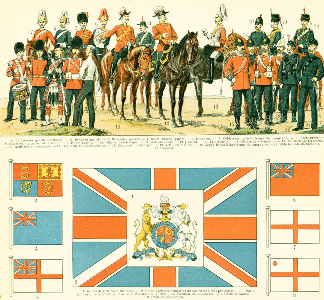 1897 Flags Uniforms GREAT BRITAIN Antique Print Larousse Large Size 115 ...