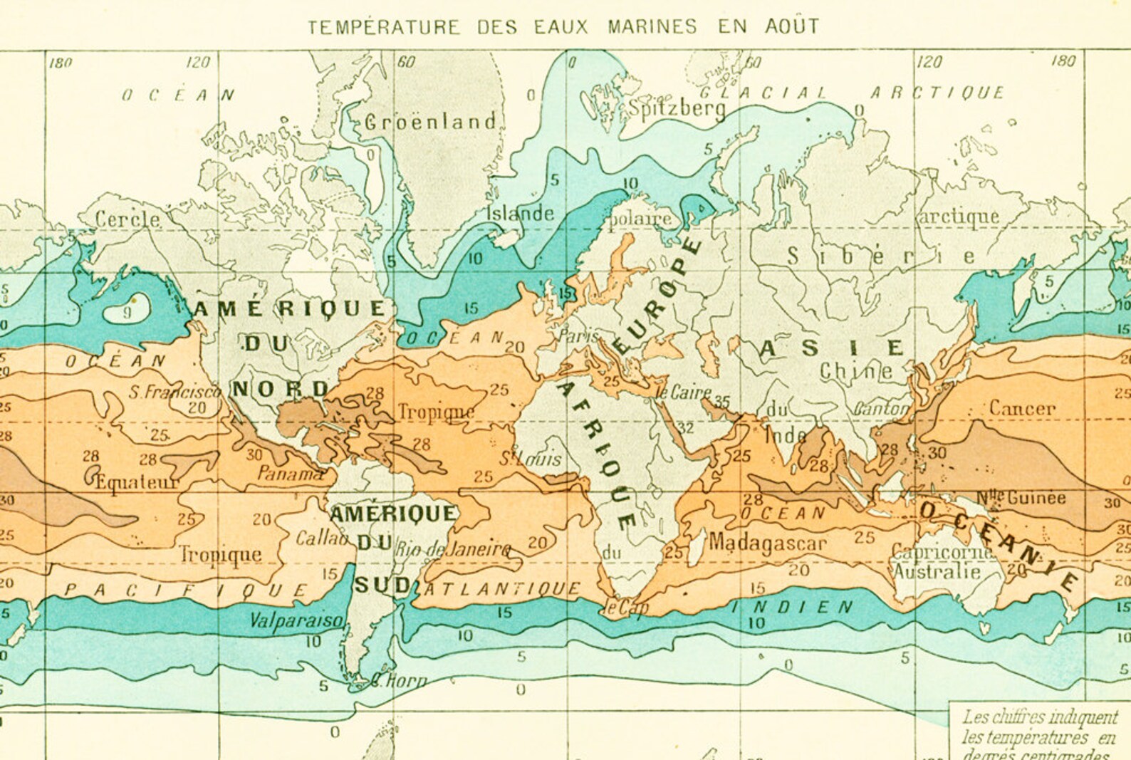 1897 Antique Weather Map Temperature Climate Change Larousse Print ...