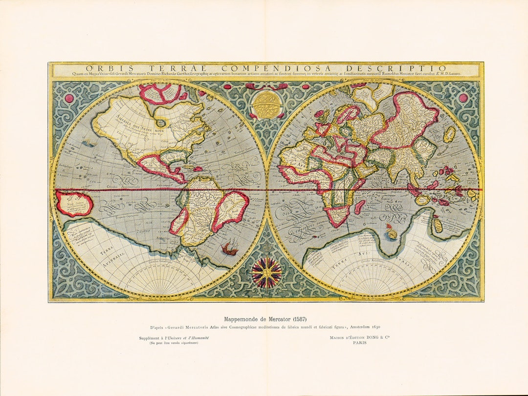1908 Mercator Cylindrical Projection for Navigation, Antique Map Print ...