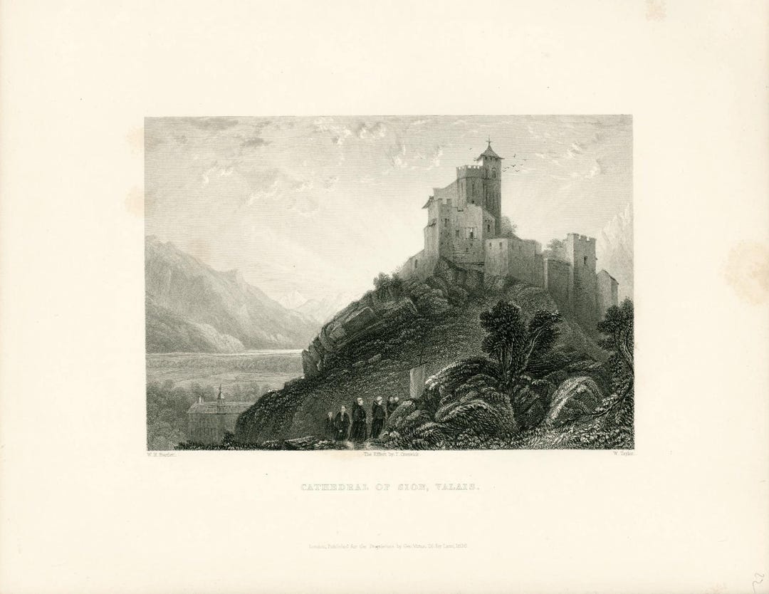 1836 Cathedral Sion Castle Canton of Valais, Switzerland Original ...