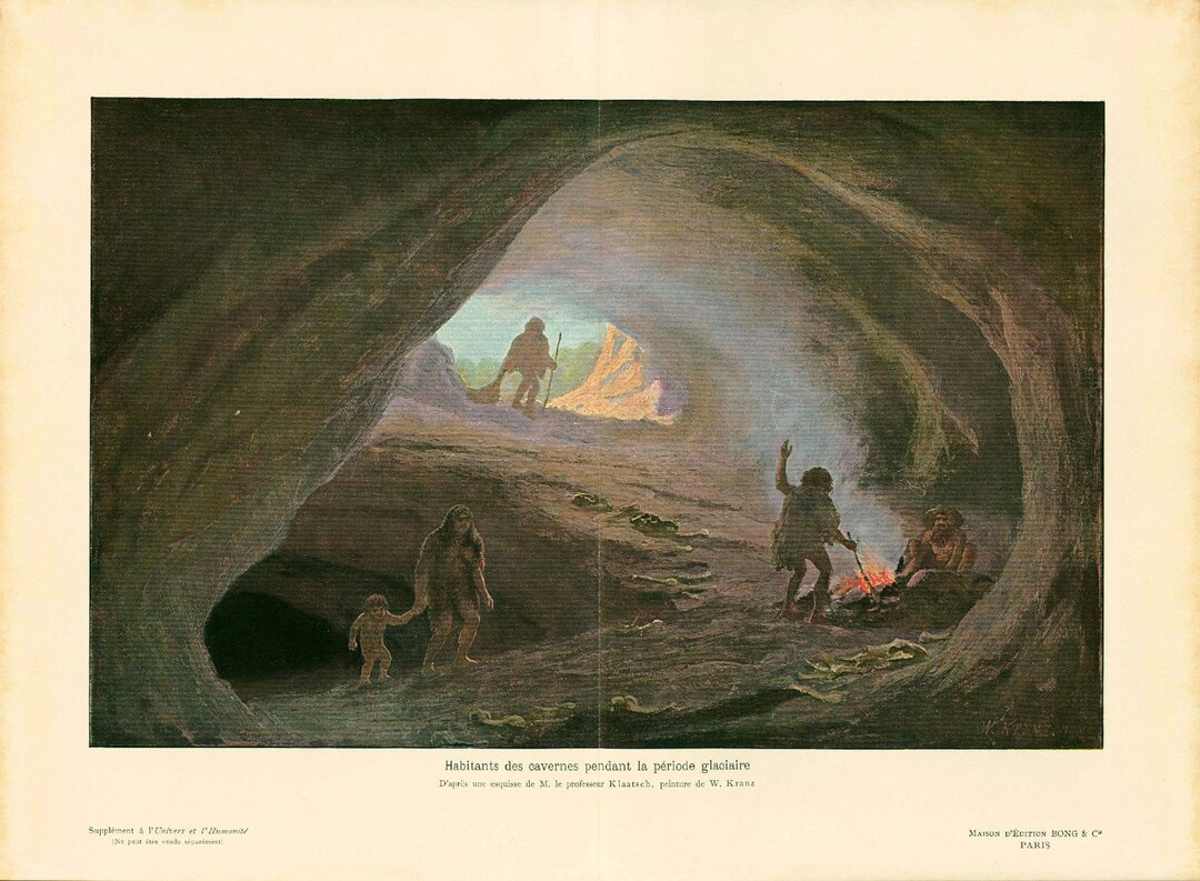 1908 Neenderthal Man Cavemen Prehistory Ice Age Large Antique Print ...