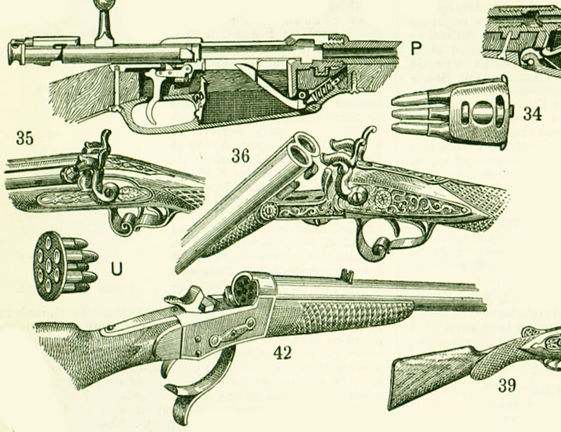 1897 Large Size Guns and Firearms, Historical Antique Print, Larousse ...
