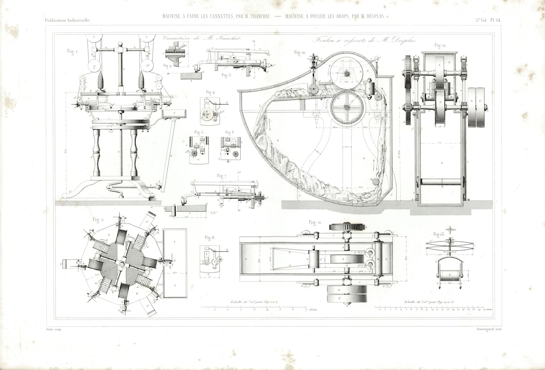 1855 Plans Métiers Coton Lin laine. Machine à fouler les draps. Machine ...