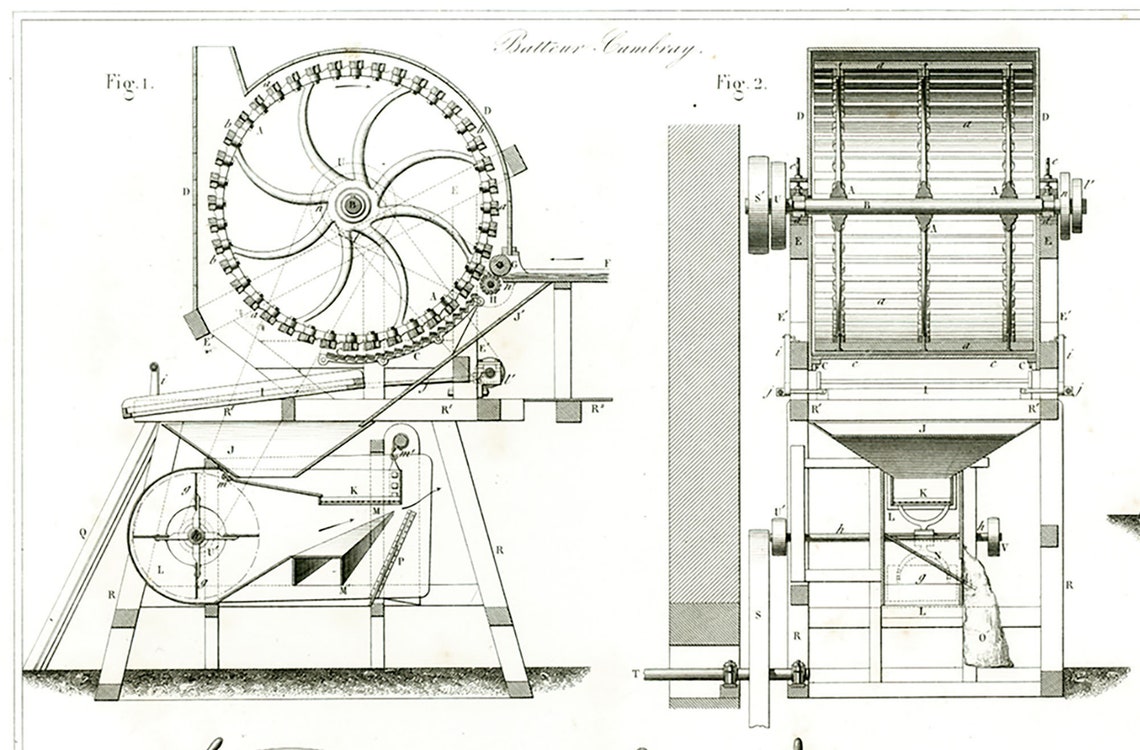 1843 Threshing Machine Thresher Old Style Print Antique Farm Equipment ...