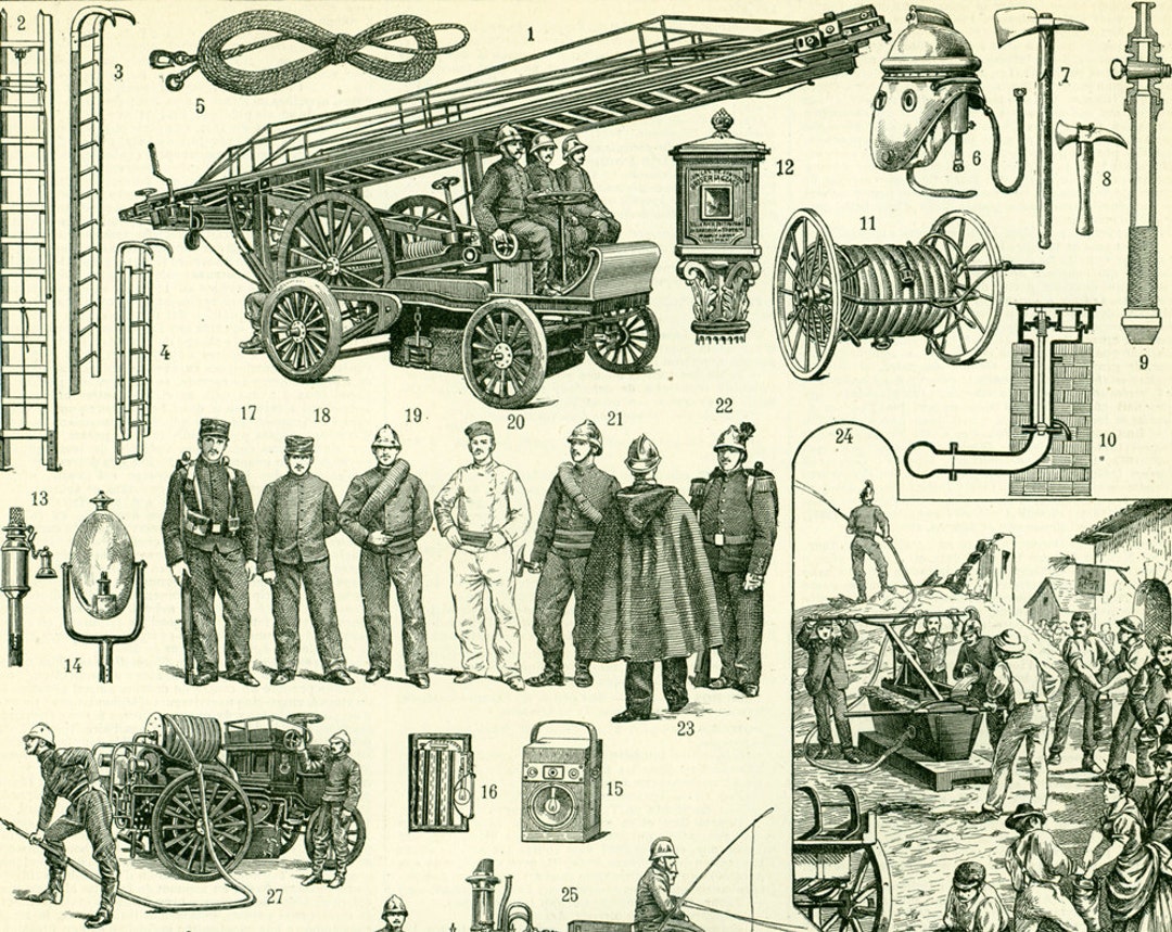 1897 Firemen Antique Print, Fire Engine, Fire House, Historical Print ...