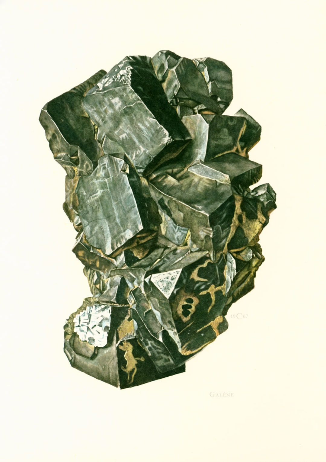 1970 Vintage Galena Illustration. Antique Sylvery Galena Prints. Rocks ...