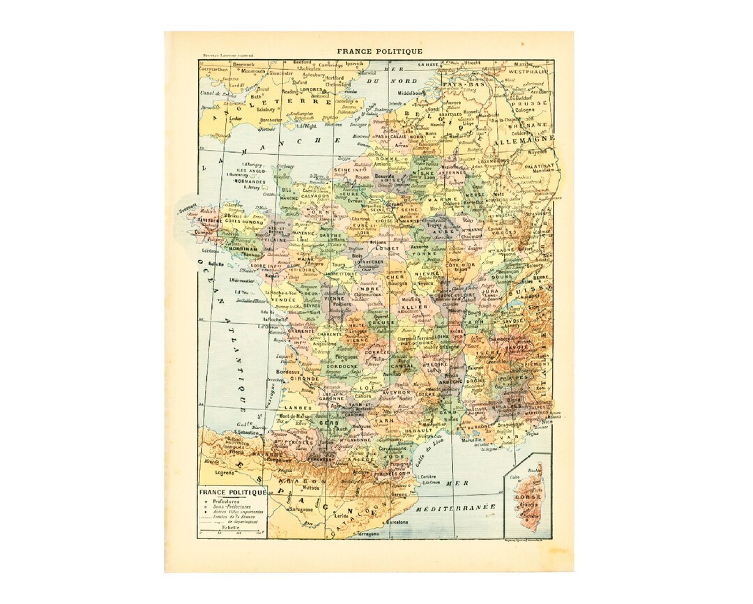 1933 Vintage Map of France. Antique Historical Map. Encyclopedia ...