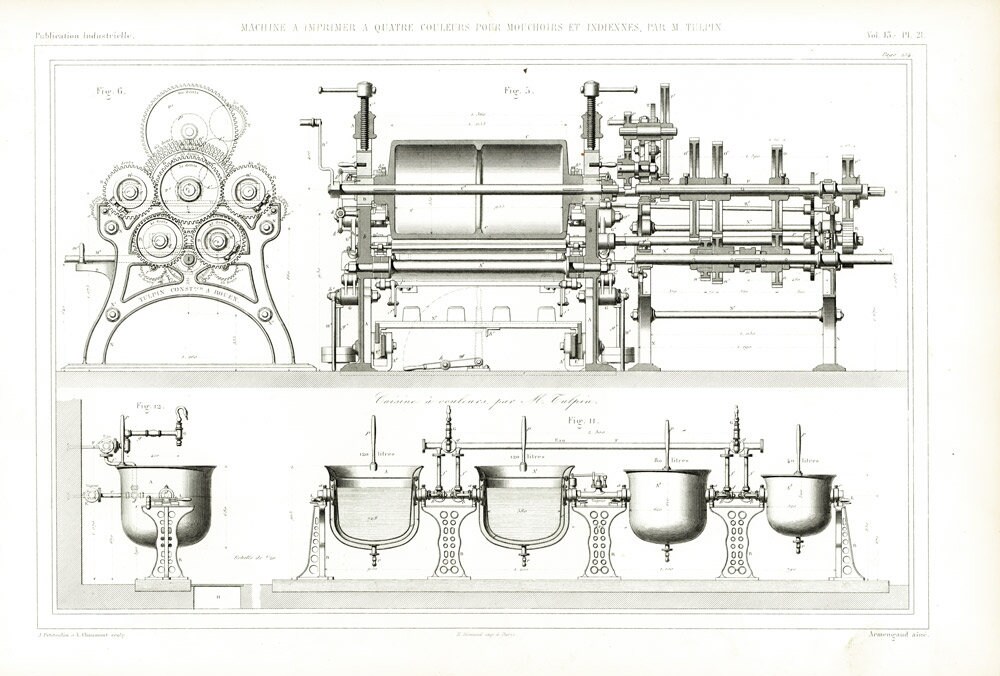 1853 Diagram Textile Printing Manufacturing Machinery Factory | Etsy