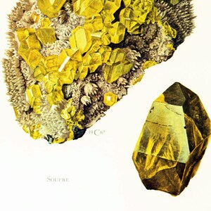 1970 Vintage Sulfur Illustration. Antique Yellow Chrystal Prints ...