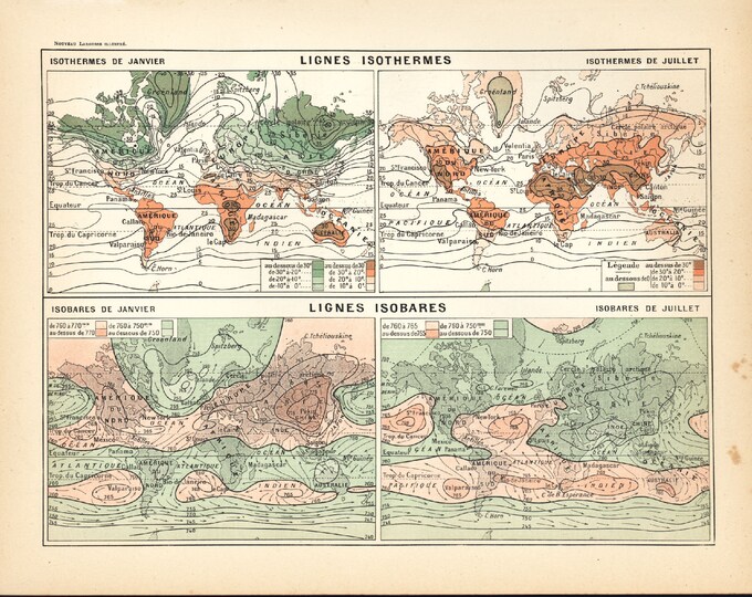 1897 Climate Antique World Map Large Size Larousse Print 115 - Etsy