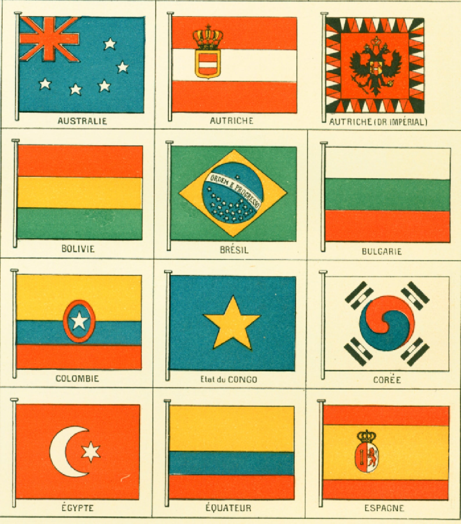 1897 Flags, Antique Large Size Illustration, 40 Countries Flags, France ...