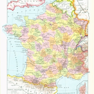 1933 Vintage Map of France. Antique Historical Map. Encyclopedia ...