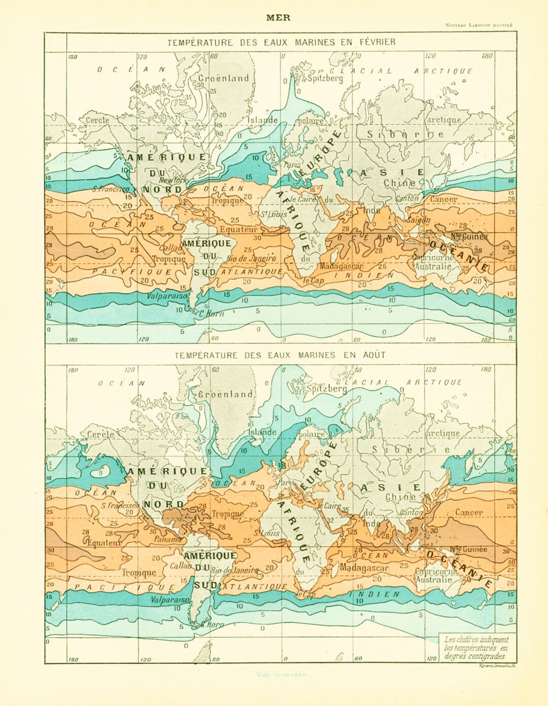 1897 Antique Weather Map Temperature Climate Change Larousse Print ...