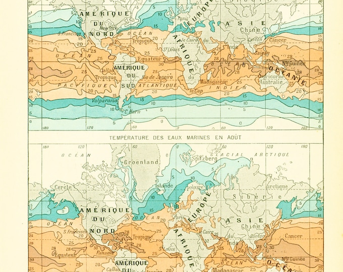 1897 Antique Weather Map Temperature Climate Change Larousse Print ...