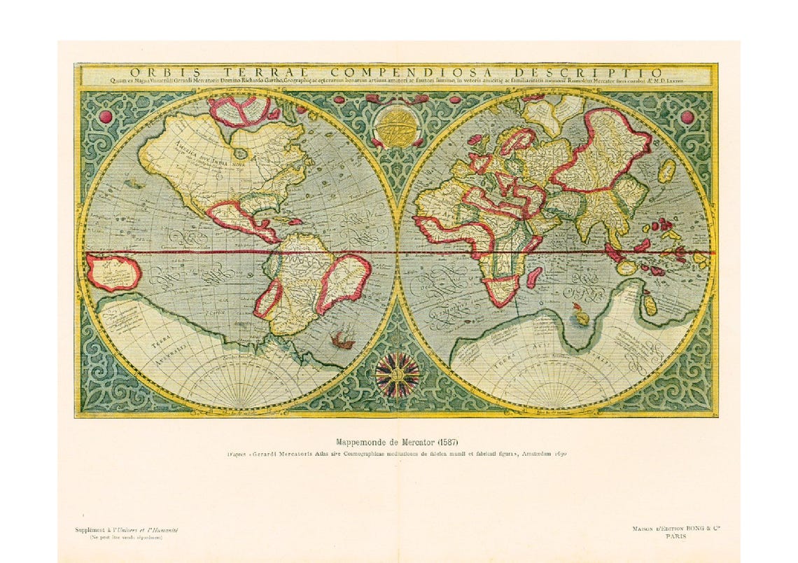 1908 Mercator Cylindrical Projection for Navigation, Antique Map Print ...