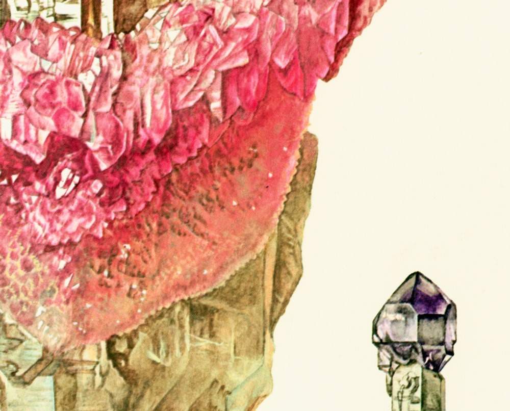 1970 Rose Pink Quartz Crystal Print. Vintage Geology Illustration ...