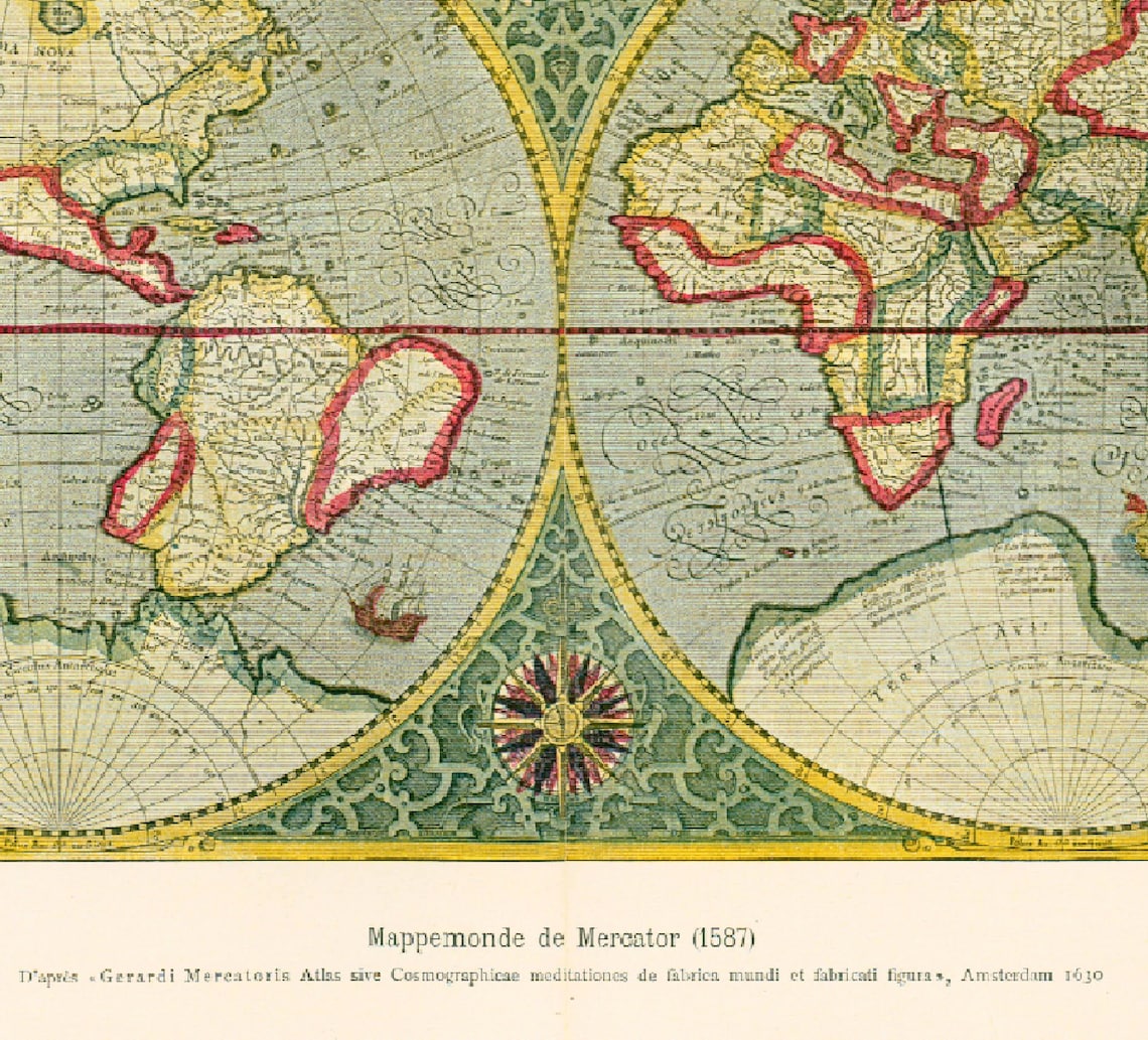 1908 Mercator Cylindrical Projection for Navigation, Antique Map Print ...