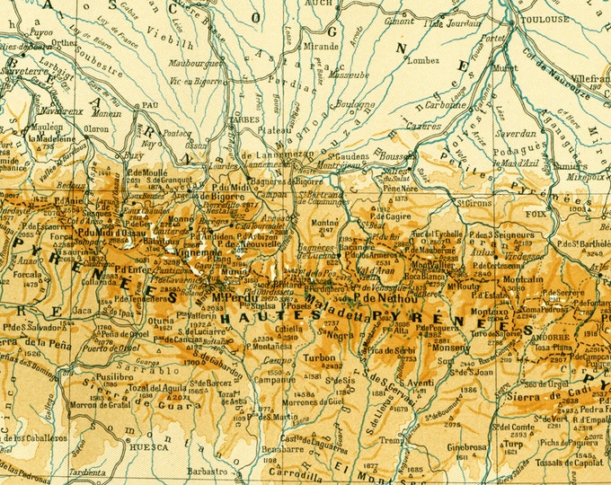 1897 Old Map of Pyrenees, Pyrenees Map Antique Print, Vintage Poster ...