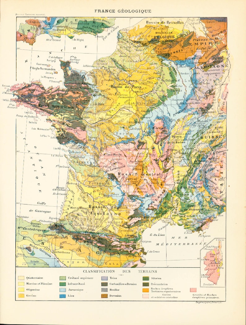 1922 France Map, Large Size Antique Print, Physical and Geological ...