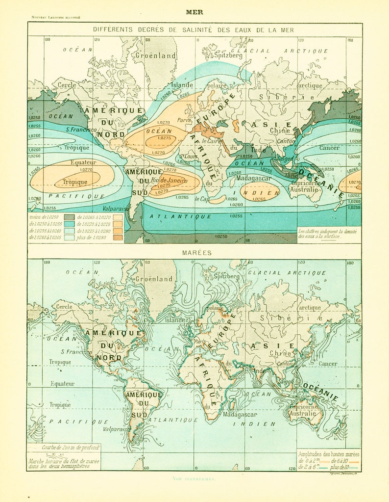 1897 Tidal Chart of the World Salinity Sea Levels Larousse Print Large ...