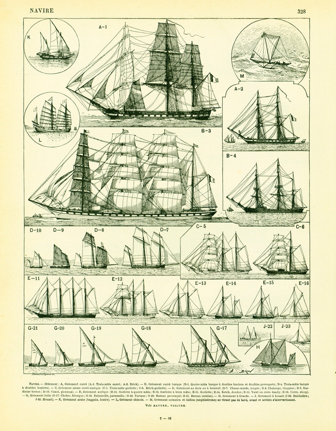 1897 Rigging Old Sailing Ship Antique Large Size Illustration, Original ...