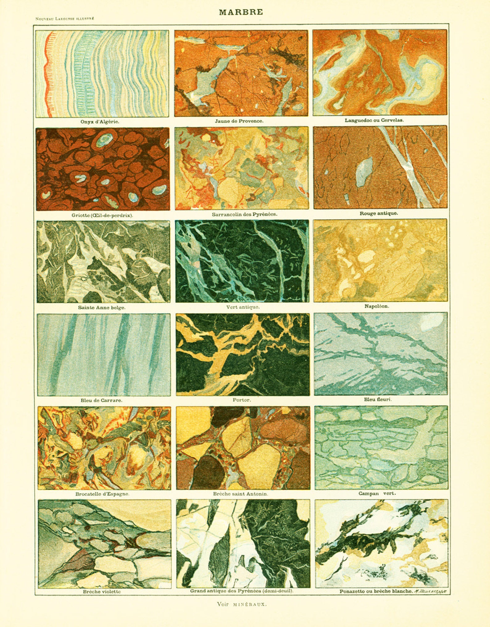 1897 Marbles Chart, Minerals, Gemstones, Antique Print, Larousse Large ...