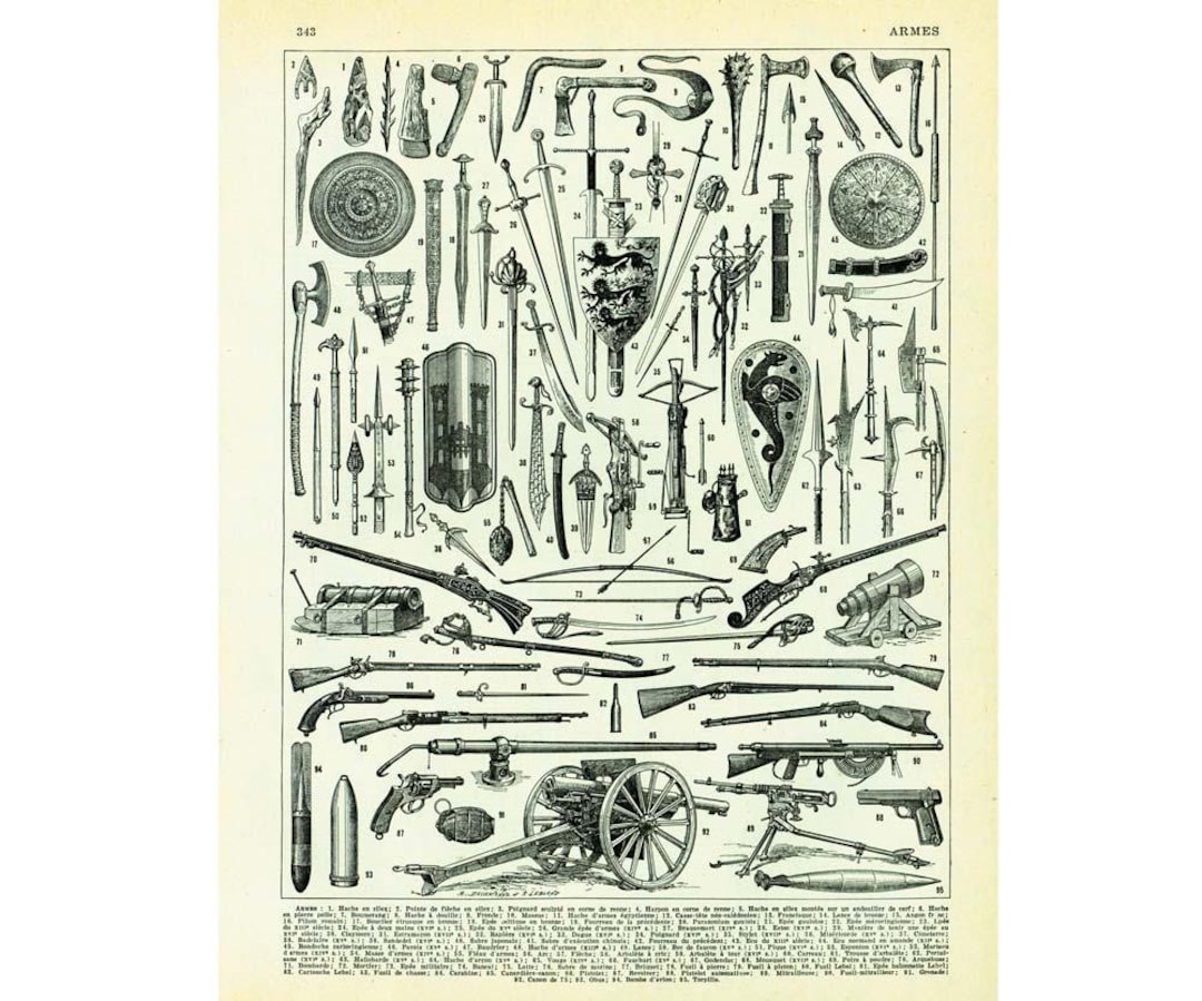 1933 Antique Weapons Print, Sword Gun Lance Pike Crossbow Shield, Wall ...