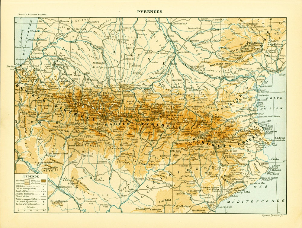 1897 Old Map of Pyrenees Pyrenees Map Antique Print Vintage - Etsy UK