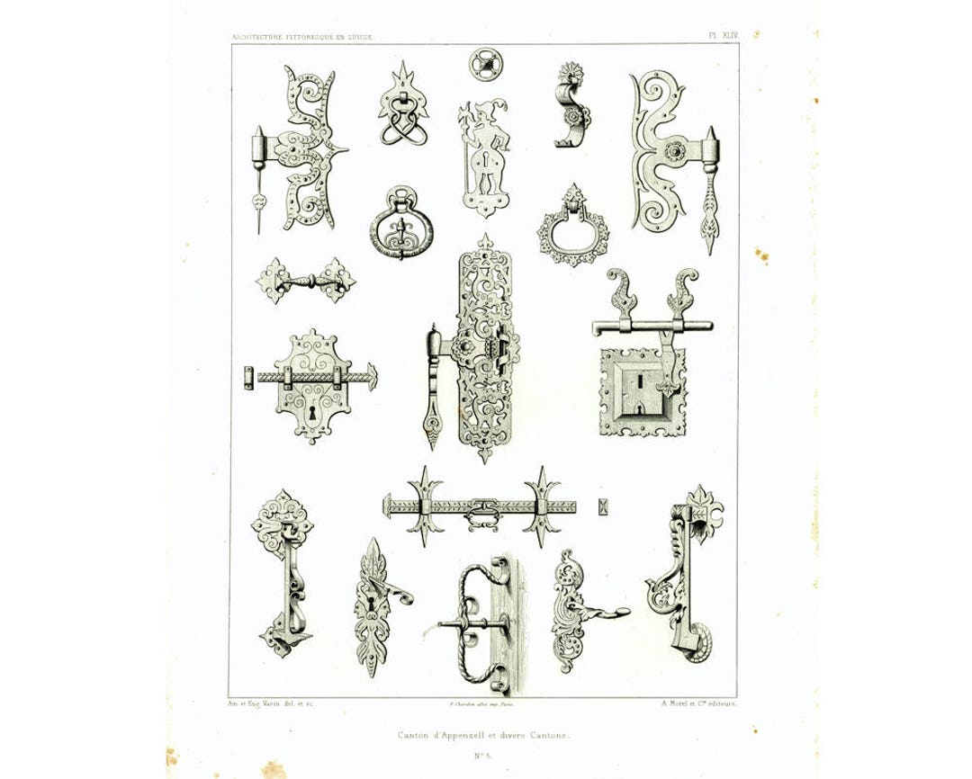 1861 Antique Furniture Lock Key Engraving Swiss Chalet Style Locksmith ...