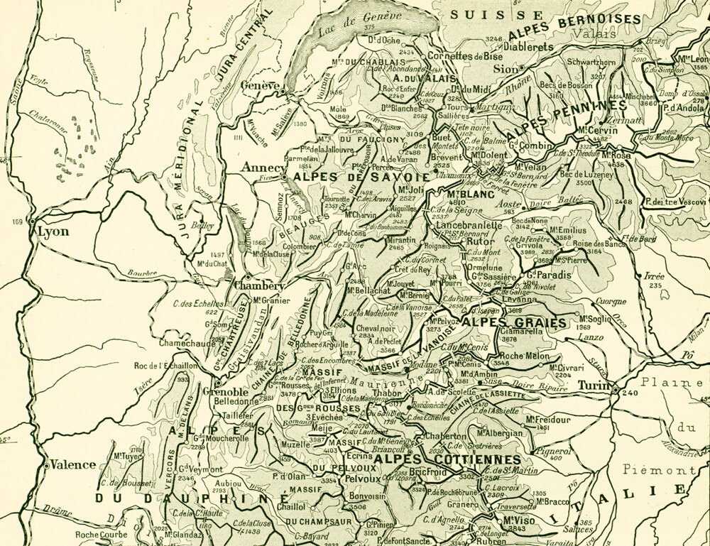 1897 Alps Mountains Map Antique Print Larousse Large Size 115 Years Old ...