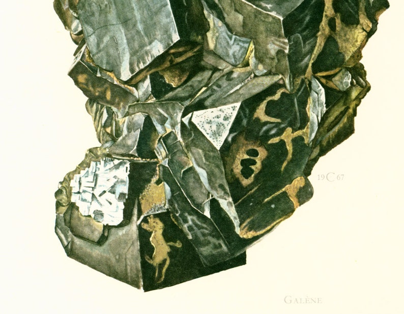 1970 Vintage Galena Illustration. Antique Sylvery Galena Prints. Rocks ...