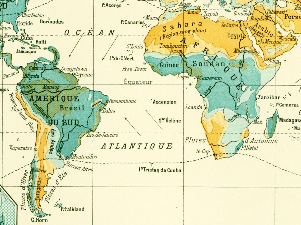 1897 Antique Climate Map. Rainfall in the World. Larousse Print Large ...