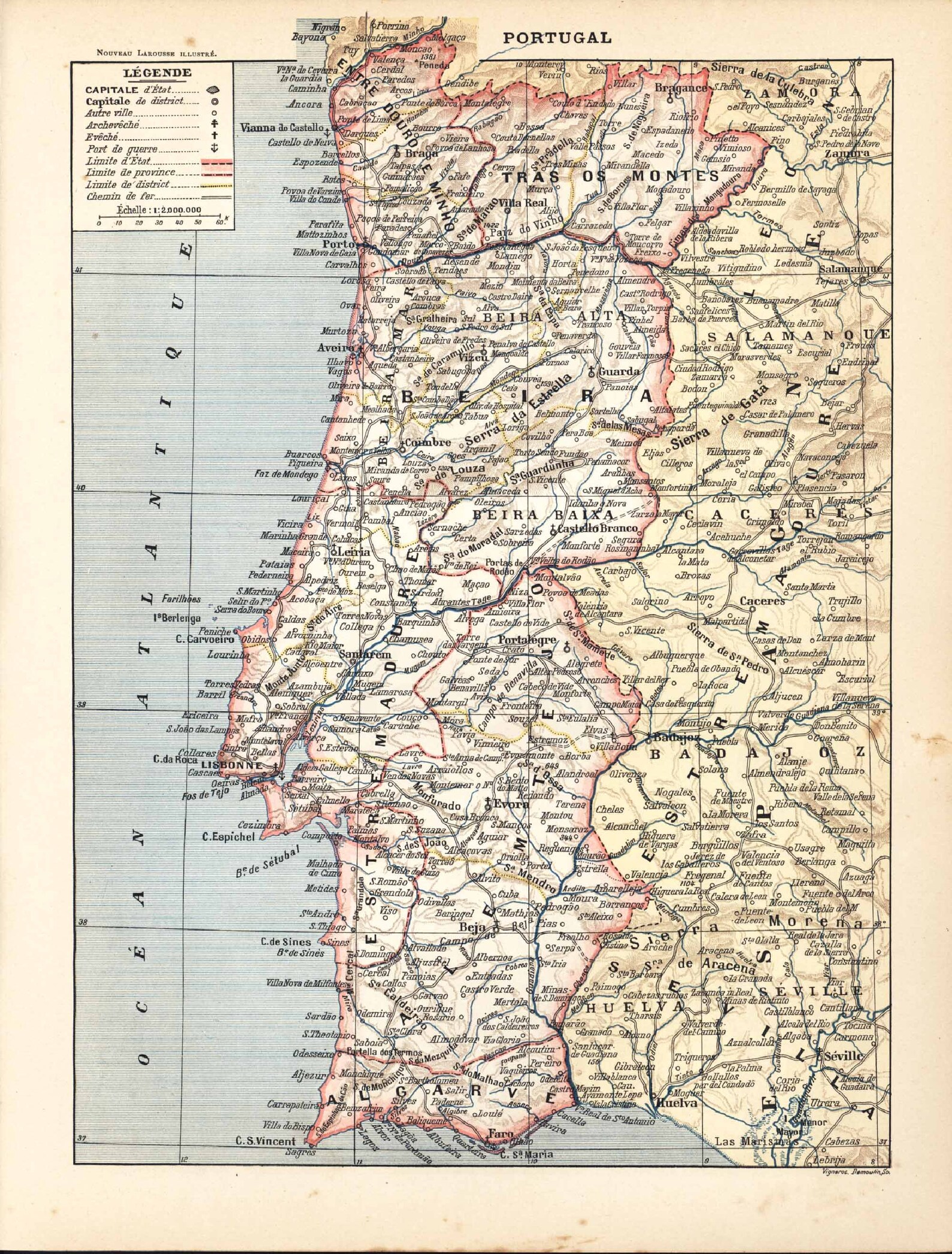 1897 Antique Map of Portugal, Lusitania Algarve Alentejo Larousse Print ...