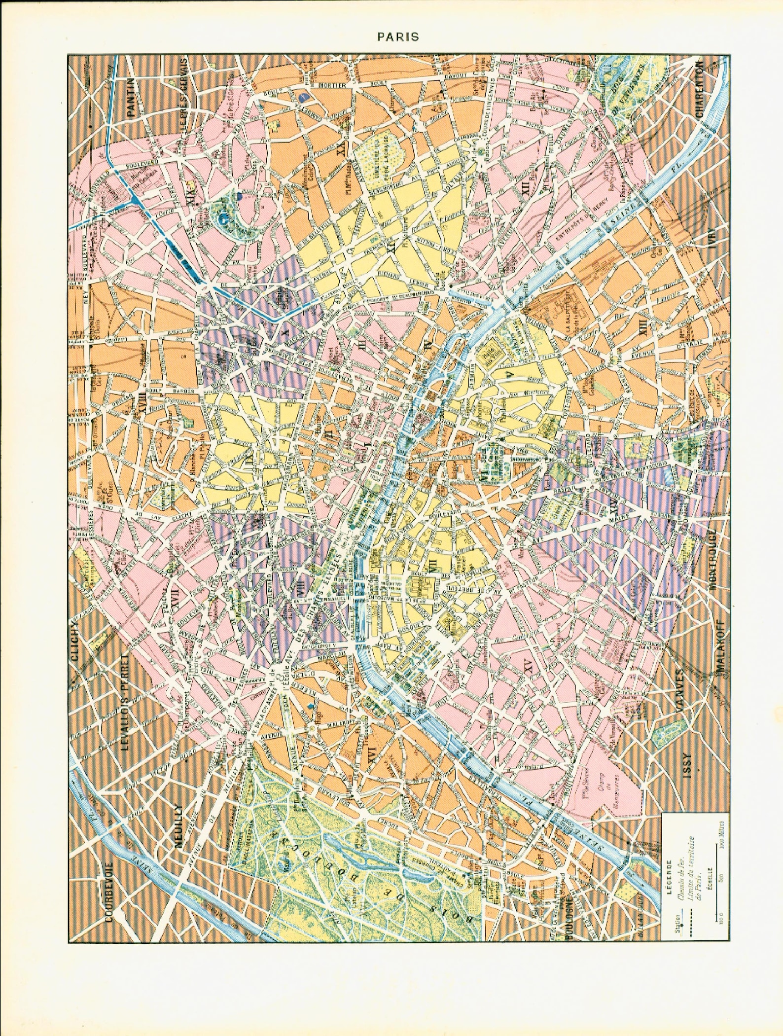 1933 Antique Paris Map, Districts of Paris, Souvenir of France ...