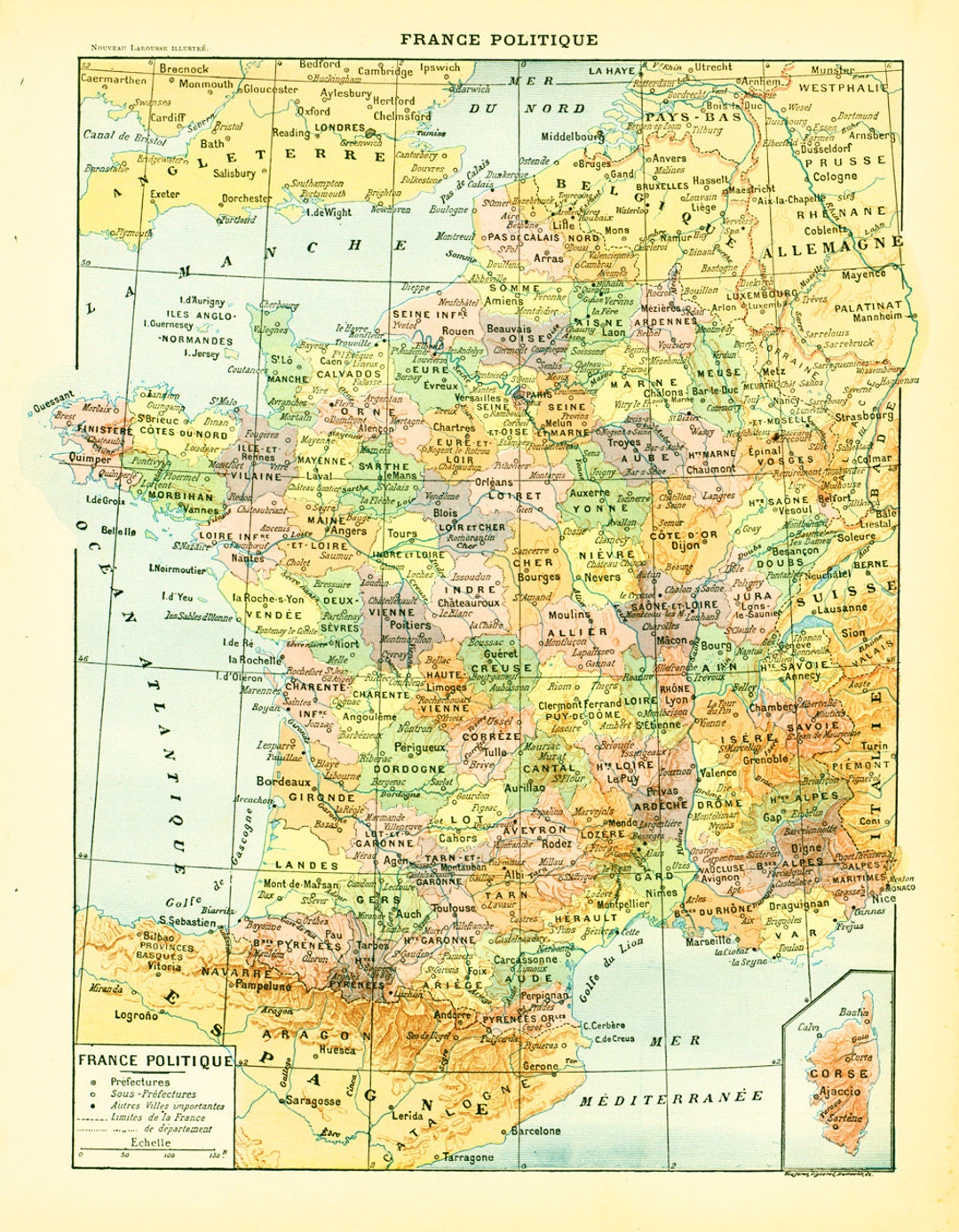 1897 French Political Map Antique Map Larousse Print Large Size 115 ...