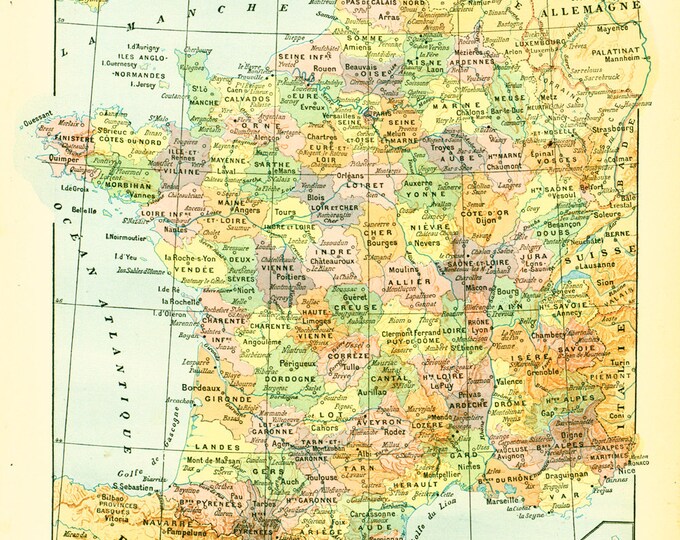 1897 French Political Map Antique Map Larousse Print Large Size 115 ...