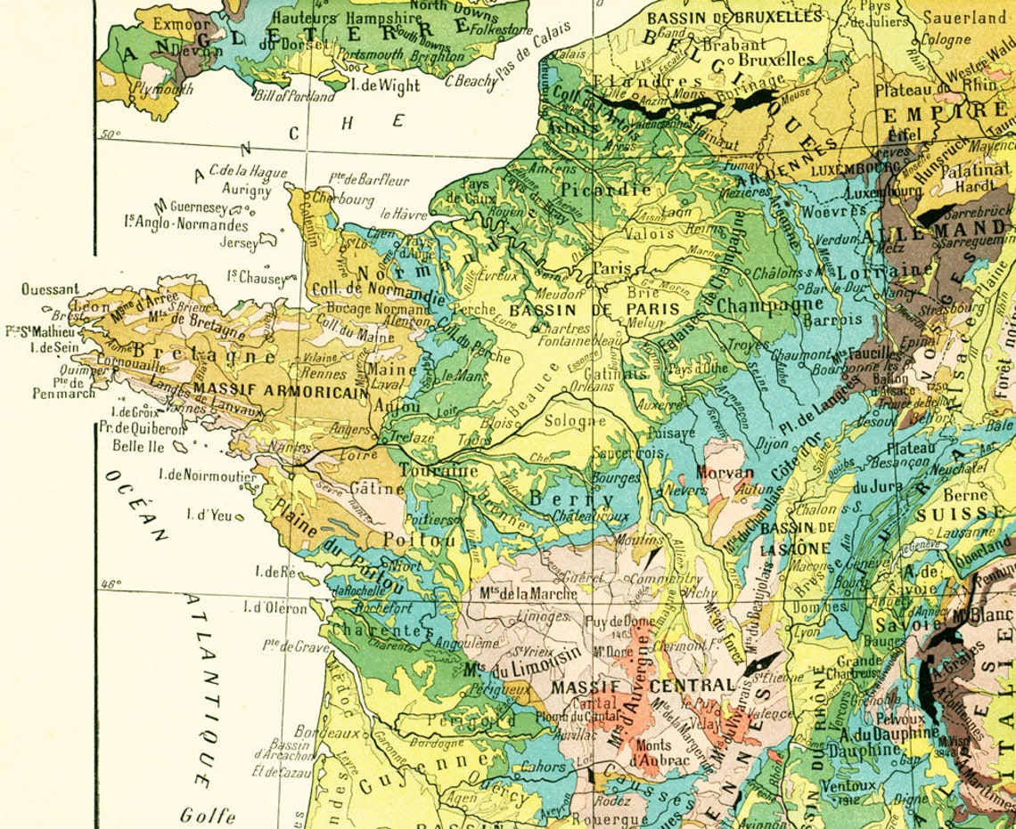 1922 France Map Large size Antique Print Physical and | Etsy