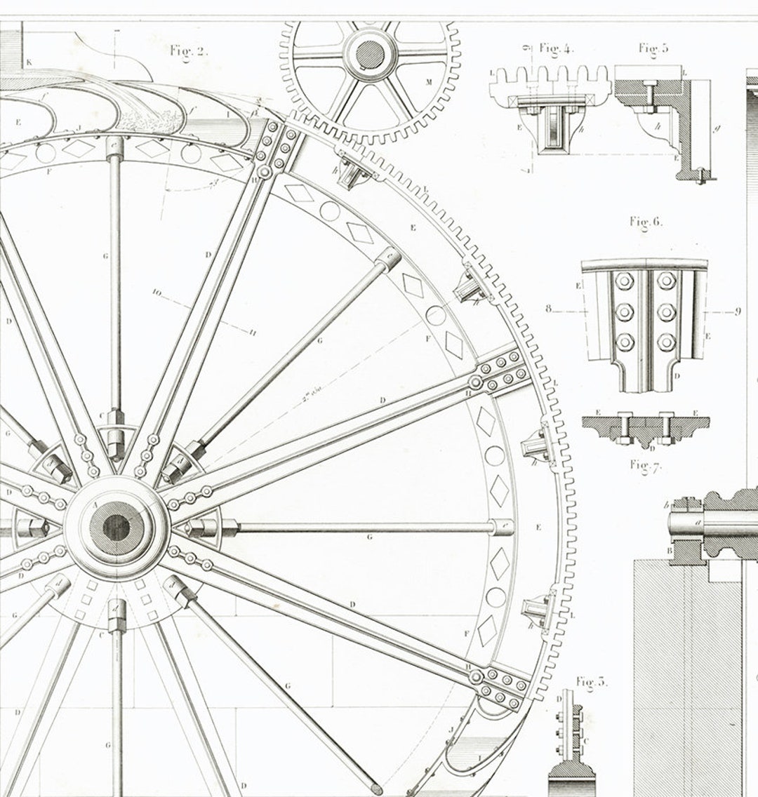 1843 Water Wheel Dam Antique Water Turbine Pelton Rotary Machine ...