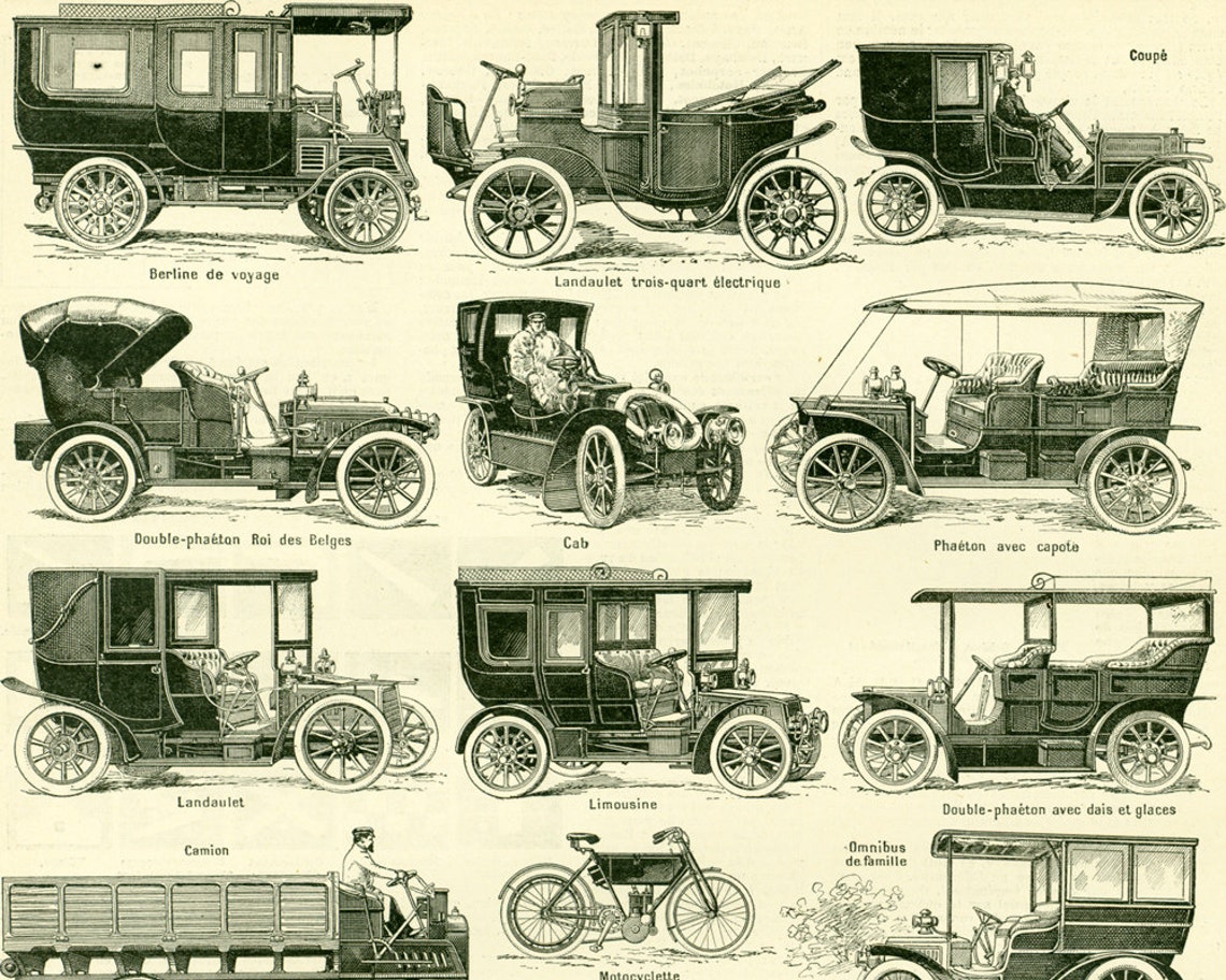 1897 Automobiles Vehicles Cars Antique Large Size Illustration Original ...