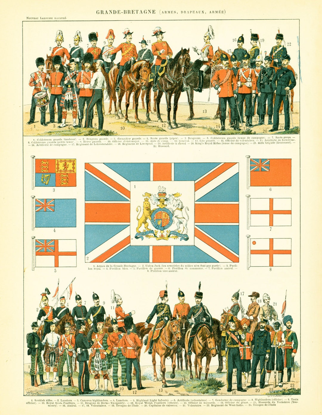 1897 Flags Uniforms GREAT BRITAIN Antique Print Larousse Large Size 115 ...
