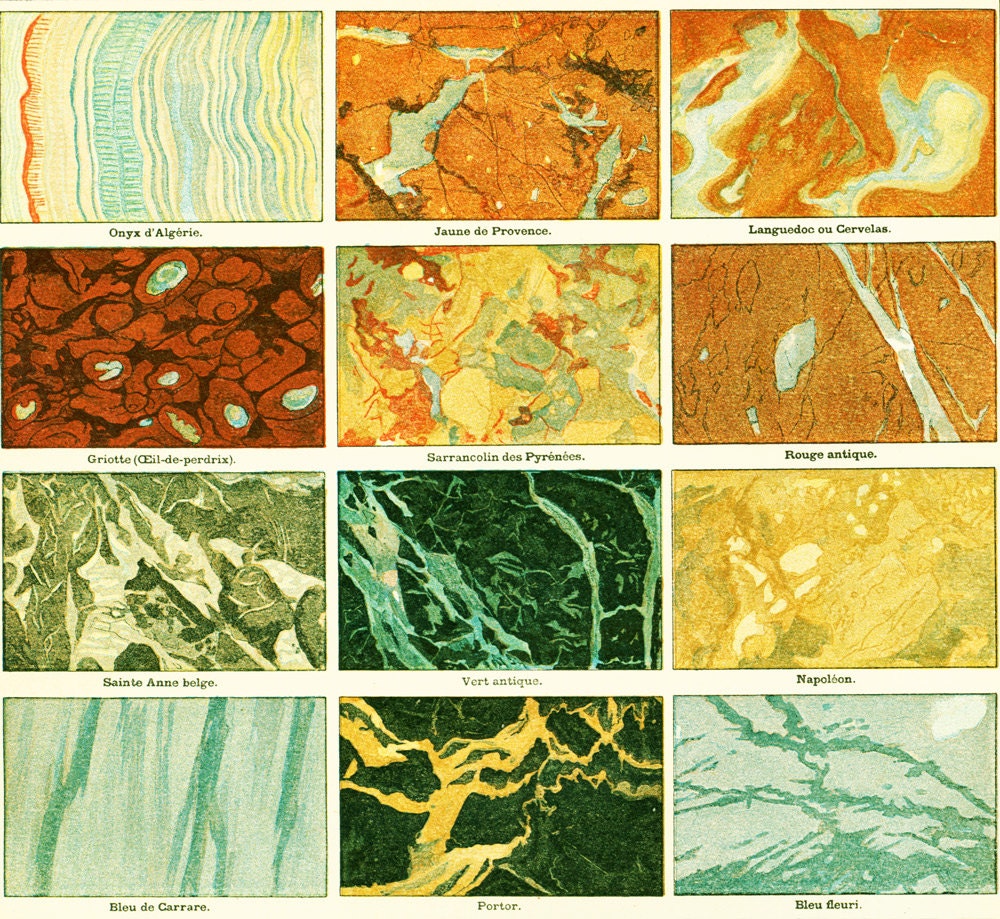 1897 Marbles Chart, Minerals, Gemstones, Antique Print, Larousse Large ...