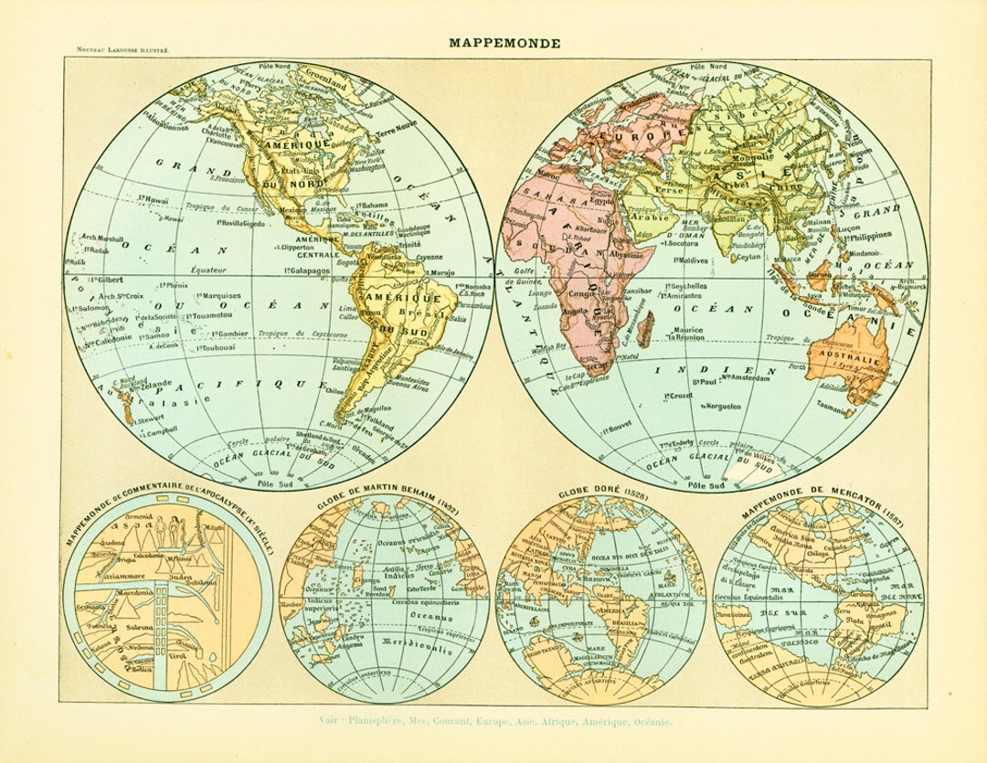 1897 Antique World Map Planisphere Larousse Large Size 115 Years Old ...