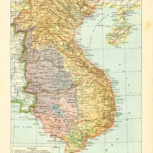 1897 Antique Map of ASIA, Antique Indochina Map, Larousse Large Size ...