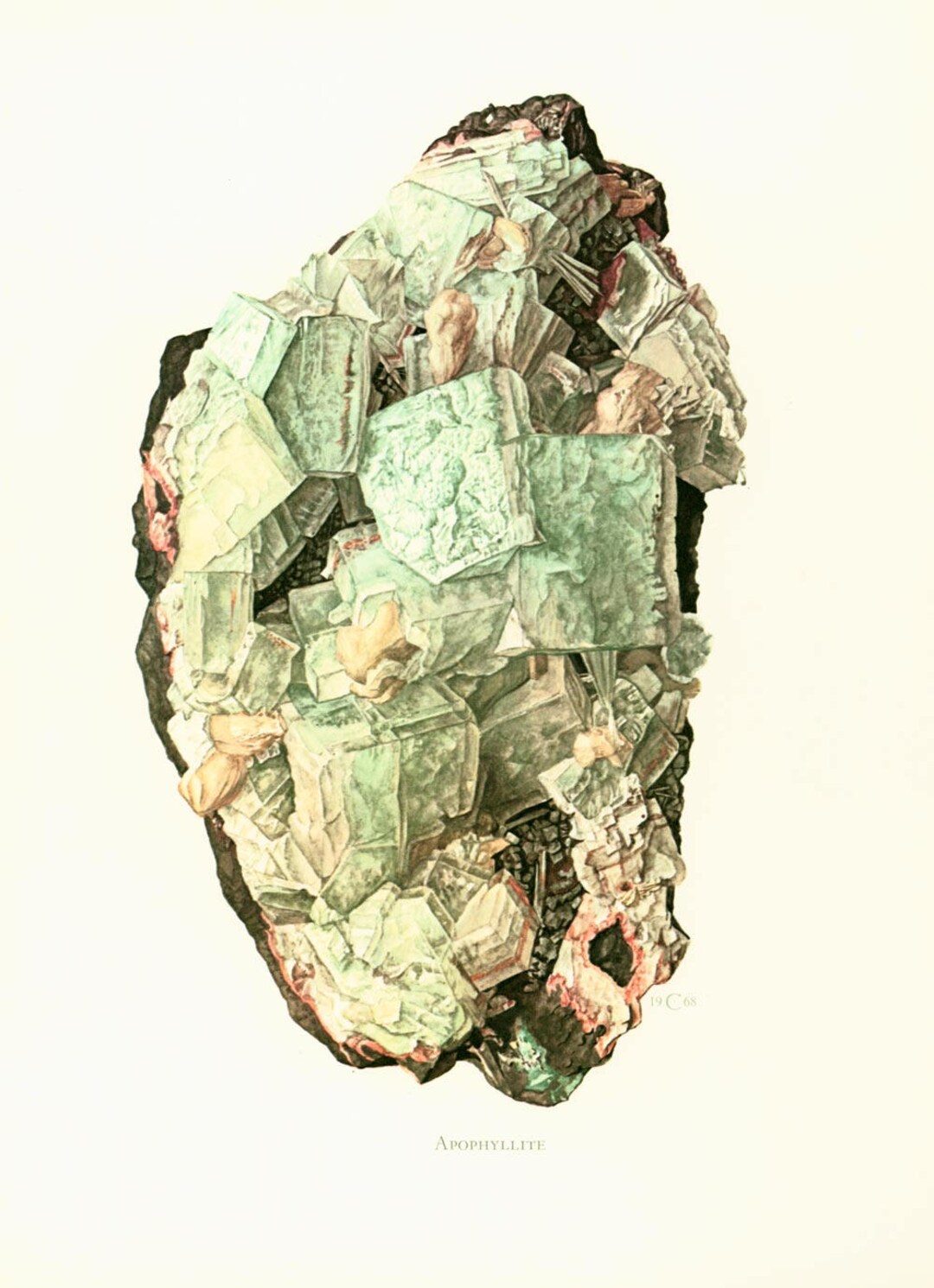1970 Apophyllite on Basalt Rock Matrix, Mint Green Blocky Crystals ...