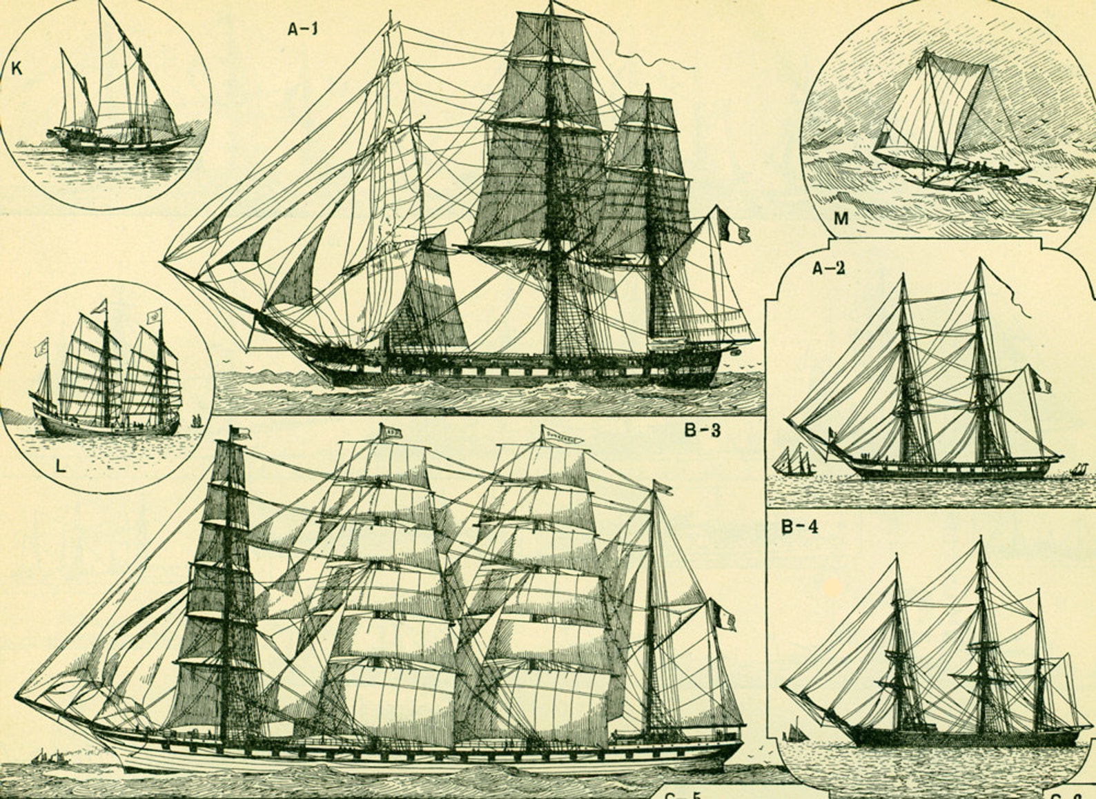 1897 Rigging Old Sailing Ship Antique Large Size Illustration, Original ...