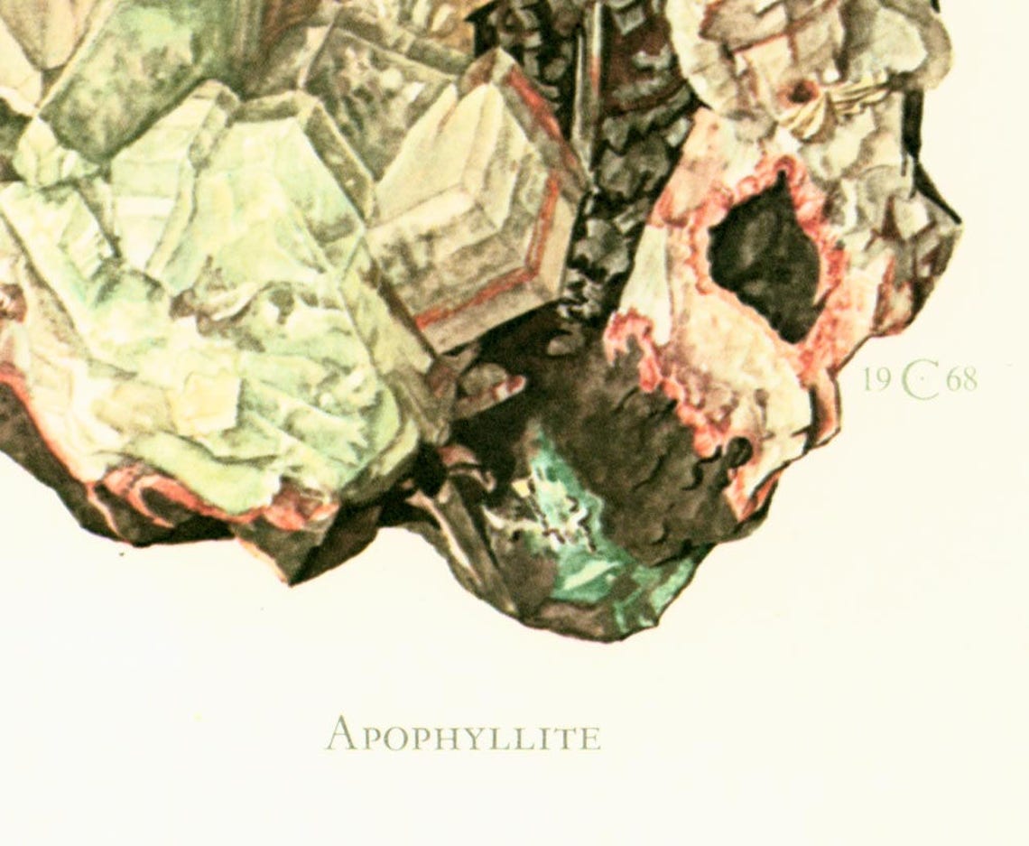 1970 Apophyllite on Basalt Rock Matrix, Mint Green Blocky Crystals ...