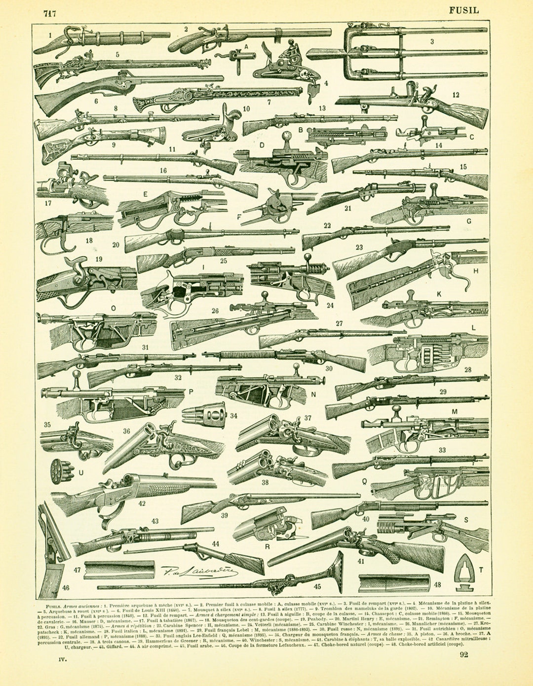 1897 Large Size Guns and Firearms, Historical Antique Print, Larousse ...