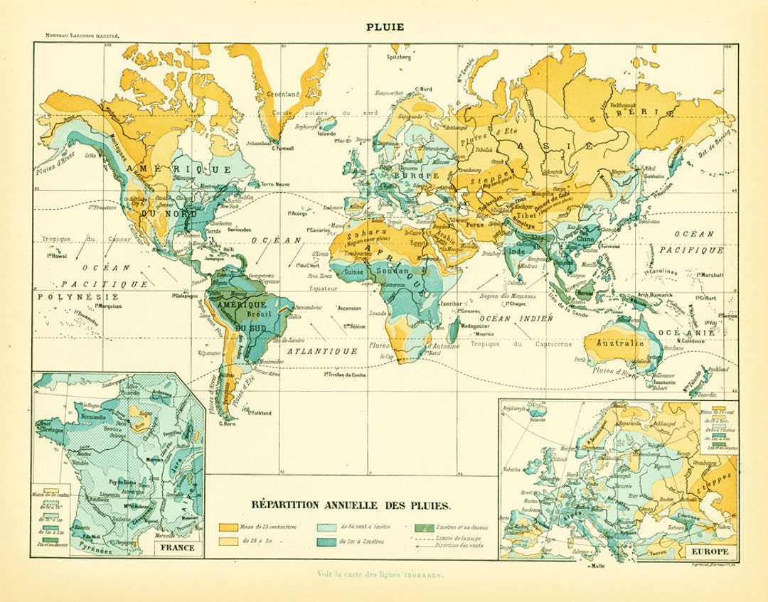 1897 Antique Climate Map. Rainfall in the World. Larousse Print Large ...